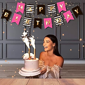 Premium Happy Birthday Banner Party Decorations | Bunting Garland | Hot Pink Gold Black White | Chic Kate Spade Inspired | First, 10th, 18th, 21st, 30th, 40th, 50th, 60th etc | for Girls, Women