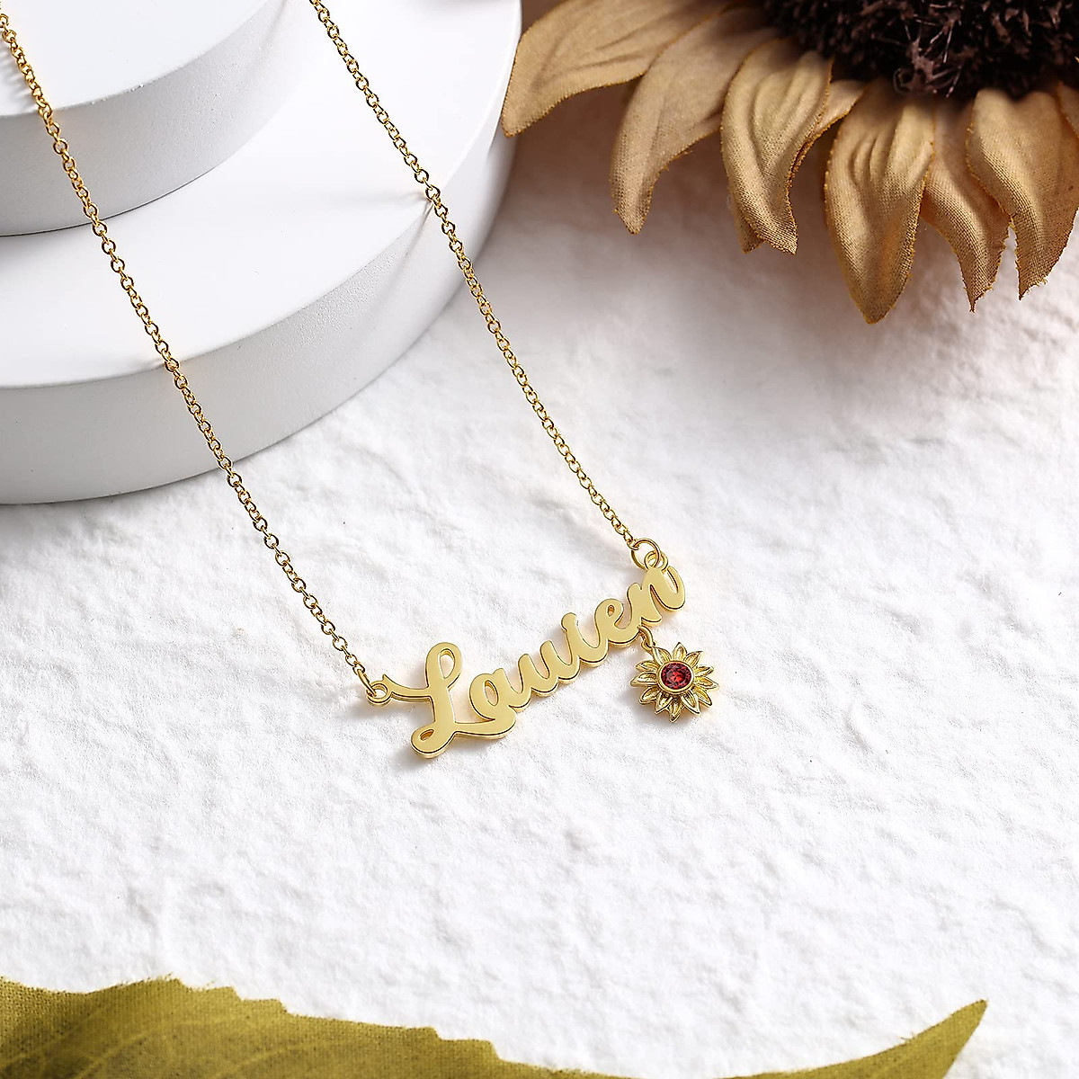 Personalized Name Sunflower Necklace with Simulated Birthstones Gold Name Custom Necklace for Women Sunflower Jewelry Sunflower Birthday Gift for Girlfriend Mother (Gold-2)