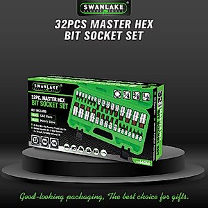SWANLAKE 32 Piece Hex Bit Socket Set,SAE and Metric, 1/4'', 3/8', 1/2'' Drive Socket Set, S2 & Cr-V Steel
