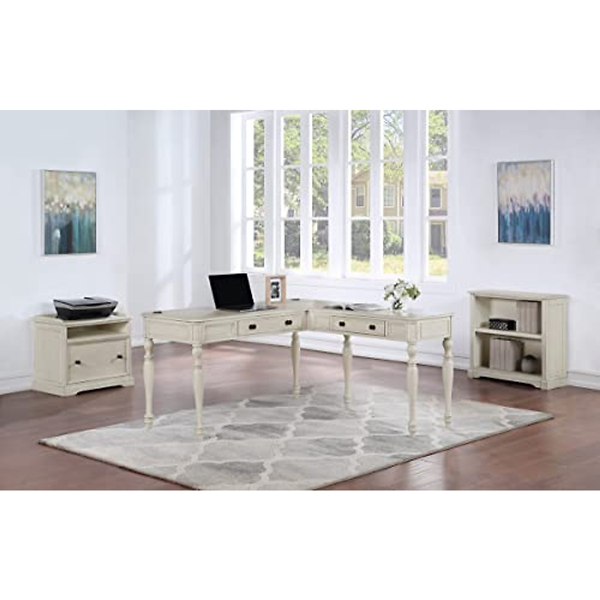 OSP Home Furnishings Country Meadows L-Shape Desk with 2 Full Drawers and Power Hub, Antique White