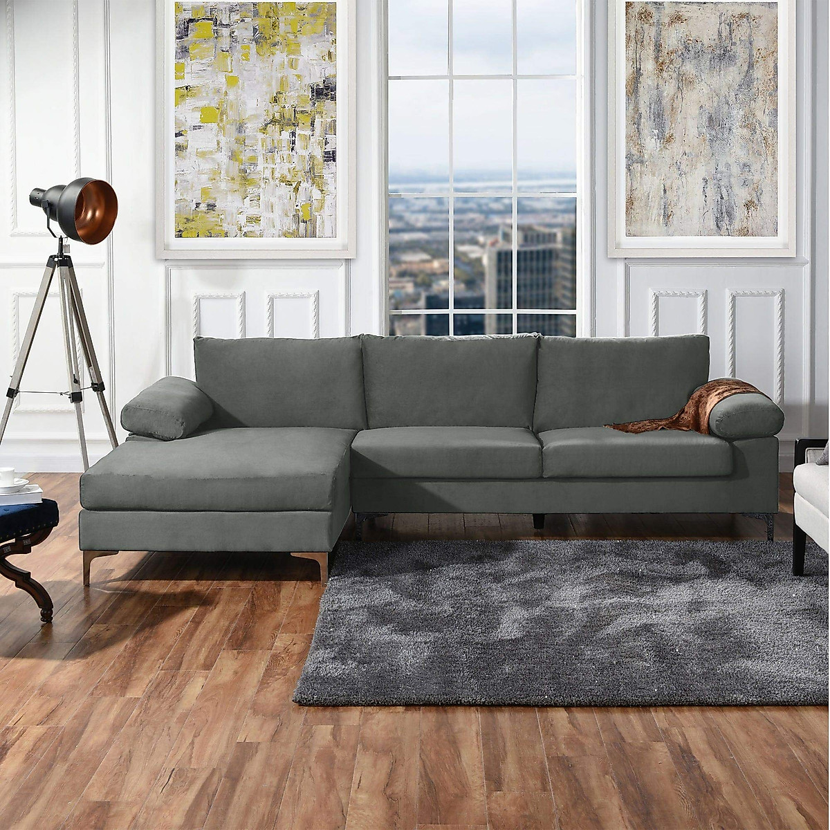 Casa Andrea Milano Modern Large Velvet Fabric Sectional Sofa, L-Shape Couch with Extra Wide Chaise Lounge, Slate