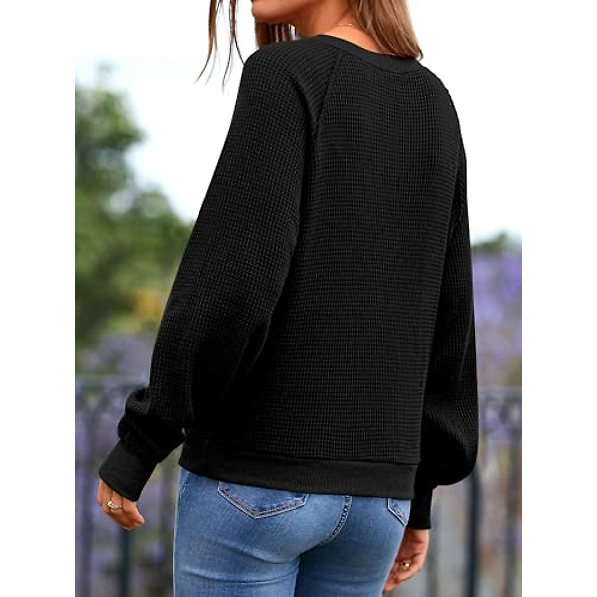 PRETTYGARDEN Fall Casual Sweatshirt for Women v Neck Long Sleeve Jumper Loose Knit Henley Top Button Slouchy Pullover Oversized Crop Sweater (Black, X-Large)