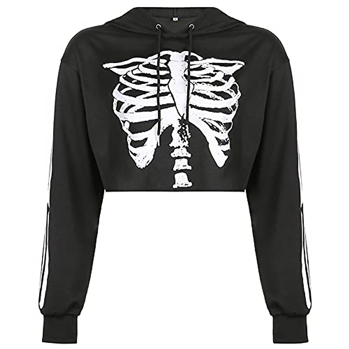 Chloefairy Women's Skeleton Print Crop Top Gothic Punk Hoodies Bandage Casual Pullover Long Sleeve Relaxed Fit Sweatshirts (Black, Small)