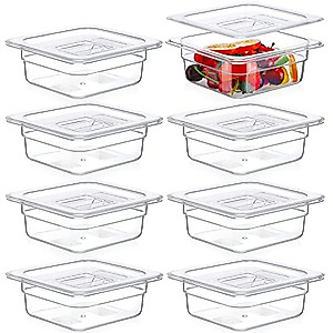 Clear 1/6 Size, Food Pan Polycarbonate Square Food Storage Containers with Lids for Kitchen Restaurant Food Prep (8 Pcs, 2.6 Inch, 1 Quart)