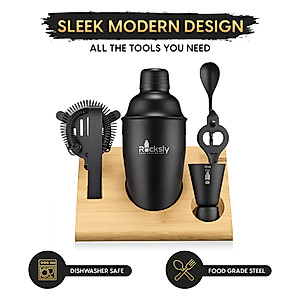 ROCKSLY Mixology Bartender Kit and Cocktail Shaker Set for Drink Mixing | Mixology Set with 6 Bar Set Tools and Bamboo Stand Makes It The Perfect Home Cocktail Kit | Complete Bartender Kit (Black)