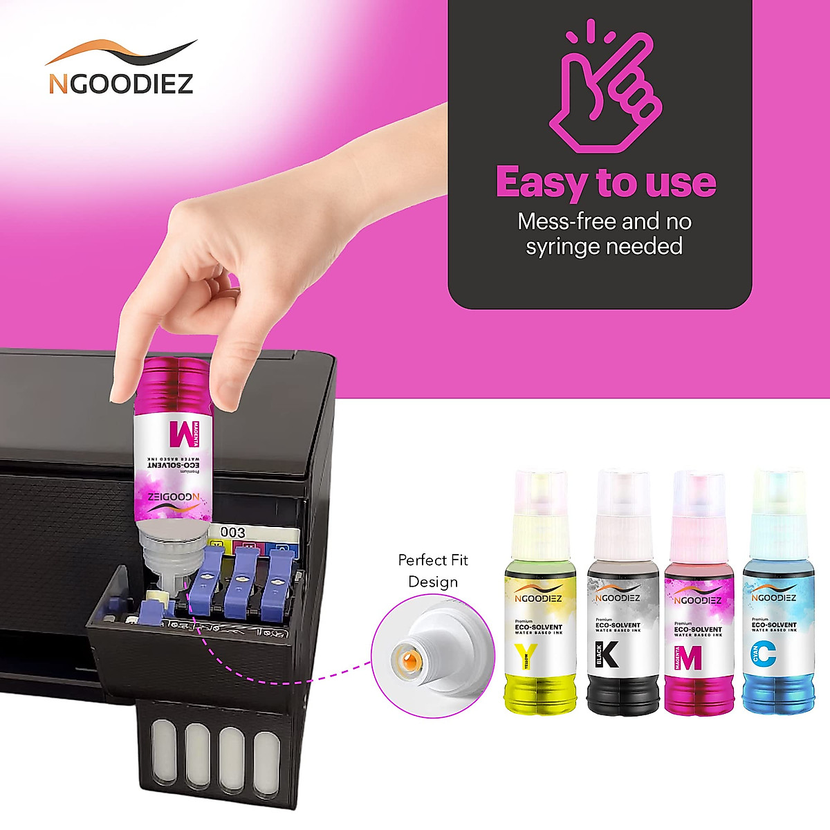 NGOODIEZ Eco Solvent Ink Auto-Fill Water Based Ink, Conversion Kit Refill Ink for Epson EcoTank & Workforce Printers - Ideal for HTV, Vinyl Stickers, Decals, T-Shirts, Mugs (1B/1C/1M/1Y, 4x70ml)