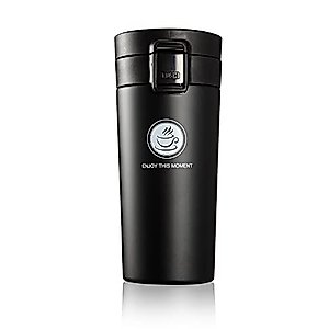 Stainless Steel Water Bottle Vacuum Insulated travel Coffee Cup with Flip Lid wide mouth Double Walled leak proof flask keeps Hot & Cold 12 Hours BPA Free 13oz(Black)