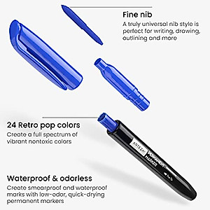 ARTEZA Permanent Markers, Set of 24, Fine Tip, Retro Pop Colors