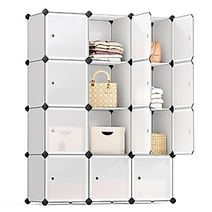 SONGMICS Cube Storage Organizer, Set of 12 Plastic Cubes, Closet Storage Shelves, DIY Plastic Closet Cabinet, Modular Bookcase, Shelving with Doors for Bedroom, Living Room, White ULPC342W01