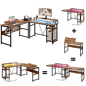 IRONCK L Shaped 70.8" Computer Corner Desk with LED and Power Outlets, 95" I-Shaped Two-Person Reversible Drafting Table with Storage Shelves & Monitor Stand for Home Office, Bedroom, Brown