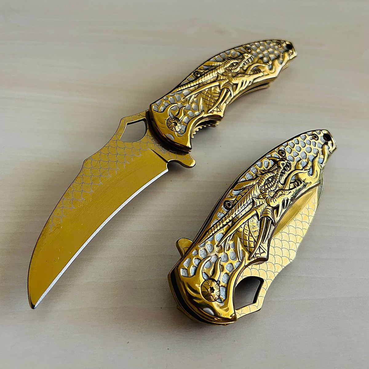 BladeDealUSA Dragon Design Assisted Open Folding Pocket Knife, Dragon Skin Blade, Gold Color, Hunting, Camping Accessories