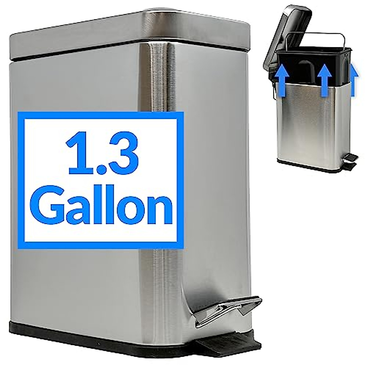 Reli. Small Trash Can with Lid, 1.3 Gallon (5 Liter) | Stainless Steel (Silver) | Small Bathroom Trash Can | Step Pedal Garbage Can with Removable Bucket, Kitchen | Rectangular Metal Trash Bin