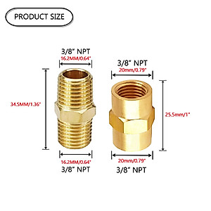 HQMPC Hex Female Coupling 3/8" Male NPT x Female Adapator 3/8" NP Female Coupling 8Pcs and Male Nipple 8Pcs