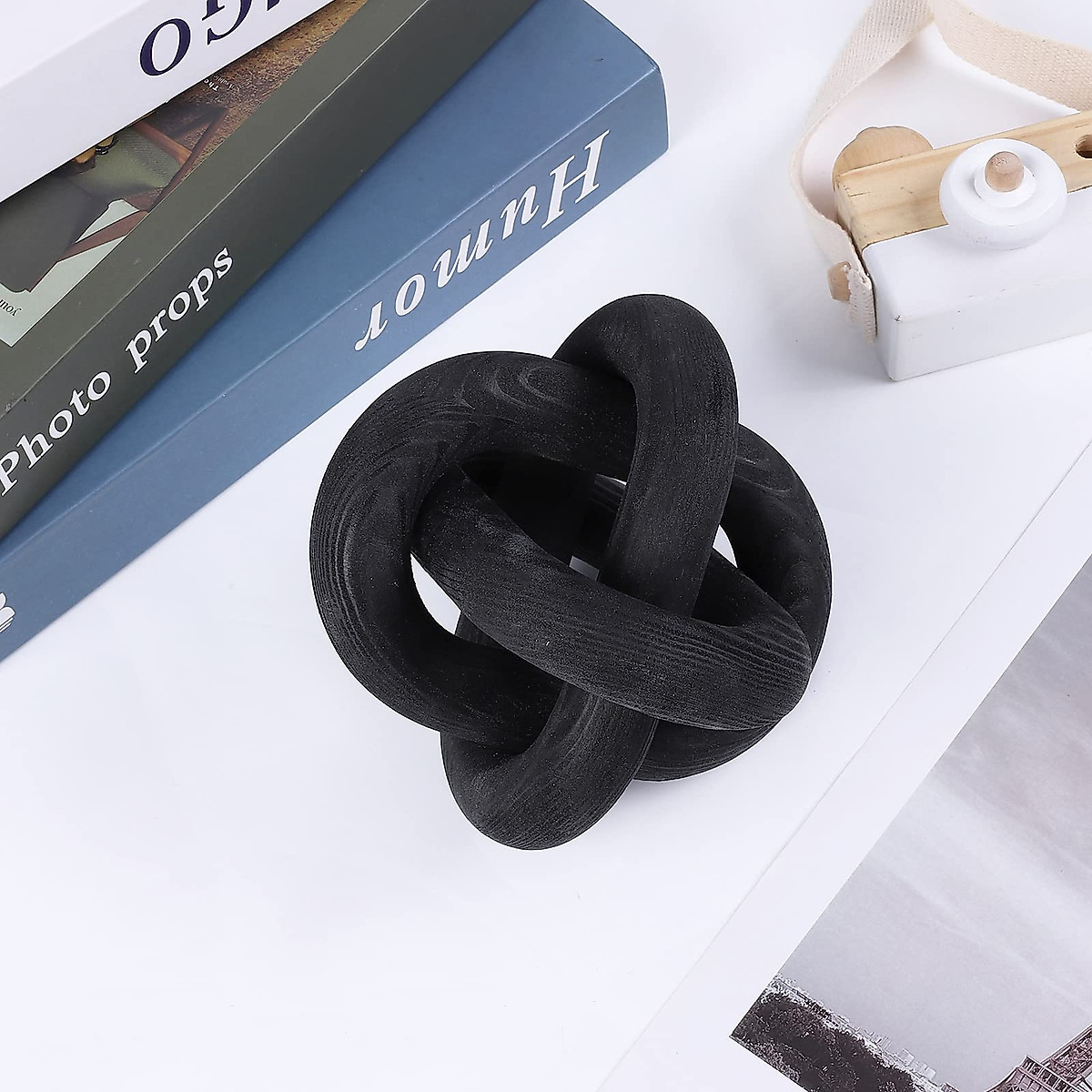 Jlong Wood Knot Decor, 3-Link Wood Chain Link Coffee Table Decor, Small Shelf Decor Accents, Hand Carved Modern Farmhouse Boho Wooden Knot Decorative Chain Wood Decor for Living Room Bedroom Office