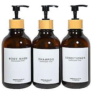 3-Pack Amber Plastic Pump Bottles, BPA-Free Refillable Dispensers for Shampoo, Conditioner, Soap & Oil, Bamboo Pump Head, 16.9oz (500ml)(Amber)