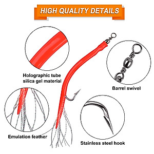 Striped Bass Tube Lures Trolling Lures Saltwater Cod Rig Tube Teaser with Stainless Steel EEL Hook Barrel Swivel for Offshore Trolling Striper Bass Big Game Fishing (Red 7/0)