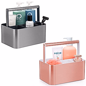 BYUNER Plastic Shower Caddy Basket - Portable Large Bath Storage Organizer Bin Tote with Handle and divider for College Dorm,Cabinet,Bathroom Counter, Brushed Nickel Gray&Pink