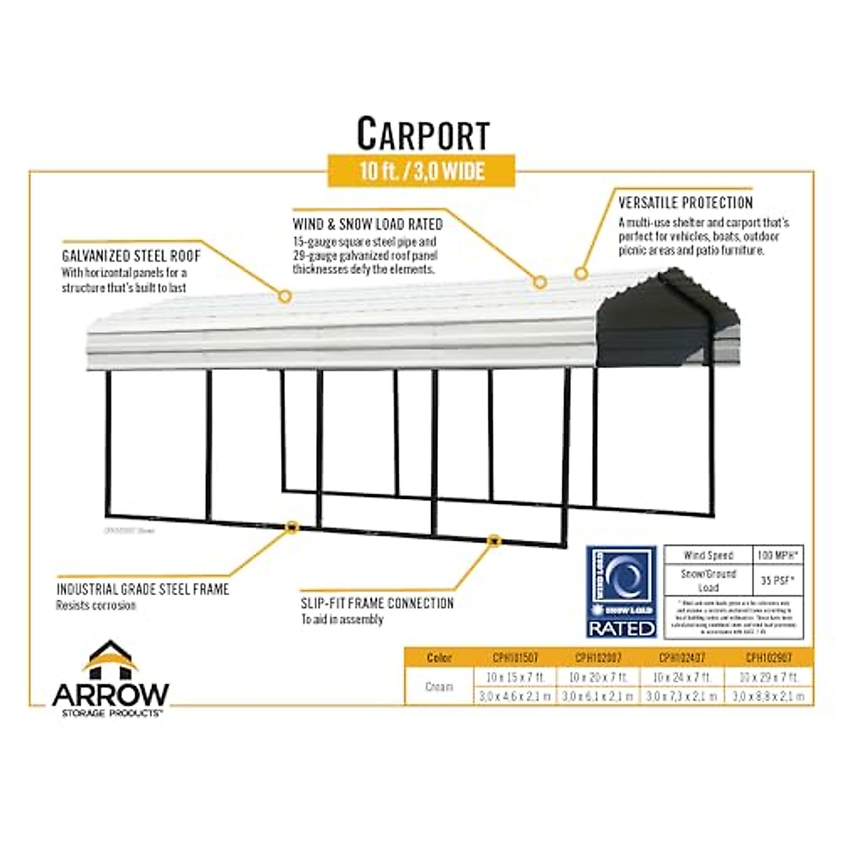 Arrow Shed 10' x 15' x 7' Carport Car Canopy with Galvanized Steel Horizontal Roof, Garage Shelter for Cars and Boats, Eggshell