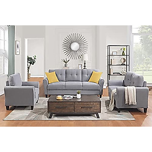 Harper & Bright Designs 3-Piece Living Room Sectional Sofa Set, Modern Style Linen Upholstered Armchair Loveseat Sofa and 3-Seat Sofa Set Sectional Couch, Light Grey-Blue