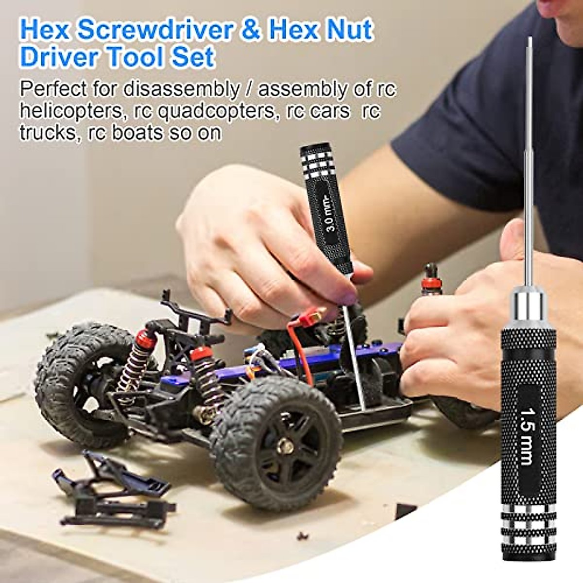 RC Hex Screwdriver Tool Set 0.9mm 1.27mm 1.3mm 1.5mm 2.0mm 2.5mm 3.0mm Hex Allen Screwdriver Kit with Hex Nut Driver & RC Car Wrench Tool Kit for Multi-Axis FPV Racing Drone RC Quadcopter Helicopter