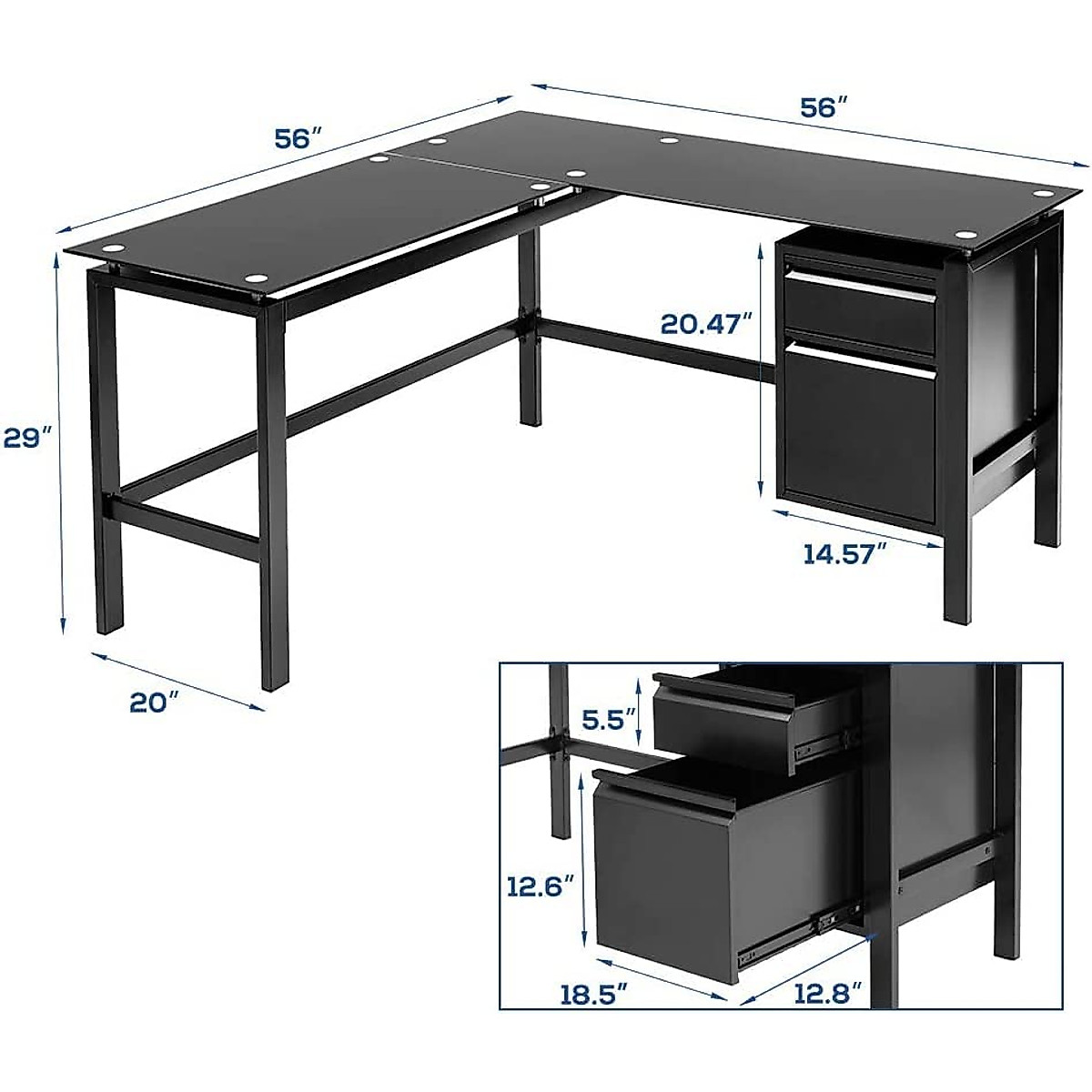 Greenvelly Black L Shaped Office Computer Desk with Storage Drawers, 56” Metal Black Home Desk with Tempered Glass Top, Modern Study Writing Table for Workstation (Metal Steel Frame)