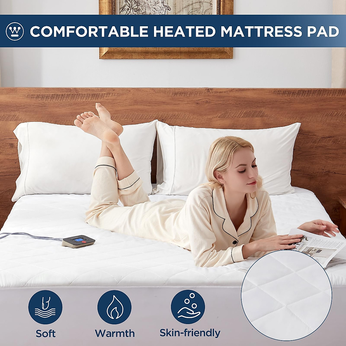 Westinghouse Full Size Heated Mattress Pad, Bed Warmer Electric Mattress Cover with 10 Heat Settings Dual Controller, 1-12H Auto Shut Off, Fit Up to 15" Deep Pocket, 54x75 Inch