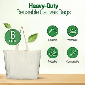 Greenmile 6 Pack Canvas Reusable Grocery Bags - Cotton Canvas Grocery Bag Cloth Shopping Tote With Long Handles Bulk - Heavy Duty Grocery Tote Bag - Large, Foldable and Lightweight - Capacity 40 lbs
