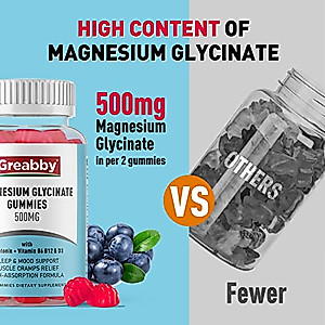 Magnesium Glycinate 500mg Gummies with Melatonin, Vitamin B6, B12 & D3, Calm Sleep Supplement Magnesium Chewable Gummies for Women & Men, Muscle Relief & Mood Support, Vegan, Organic (60 Gummies)