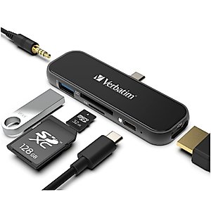 Verbatim 6-in-1 USB C Hub - Type C Hub w/ 100W PD, USB 3.0, SD Card Readers, 4K HDMI, 3.5mm Audio USB Hub for Laptop, Portable & Compact USB-C Hub
