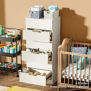 GipGiper Dresser for Bedroom with 6 Drawers, Tall White Dresser for Closet, Living Room, Nursery, Modern Storage Cabinet with Full High Glossy Panel, 13.7''D x 18.5''W x 43.3''H (Glacier White)