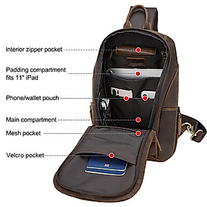 TIDING Vintage Full Grain Leather Sling Bag Travel Hiking Crossbody Chest Daypack For Men