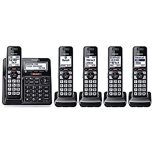 Panasonic Cordless Phone with Advanced Call Block, Link2Cell Bluetooth, One-Ring Scam Alert, and 2-Way Recording with Answering Machine, 5 Handsets - KX-TGF975B (Black with Silver Trim)