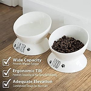 Prefurred Pet Elevated Cat Food Bowl Set (Dinner & Drinks Cat Dish) Two Elevated Cat Bowls, Cat Dishes for Food and Water. Porcelain Raised Cat Bowl, Small Pet Dog Bowl. Wide Tilted Cat Food Bowls.