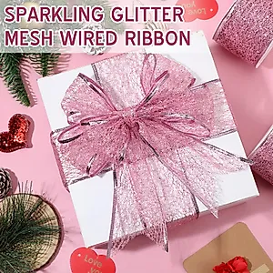 MTLEE 2 Rolls 20 Yards Valentine Ribbon Wired Pink Metallic Glitter Lace Ribbon for Xmas Crafts Floral Bow Making DIY Gift Wrapping Wedding Party Decor(2.5 Inch)
