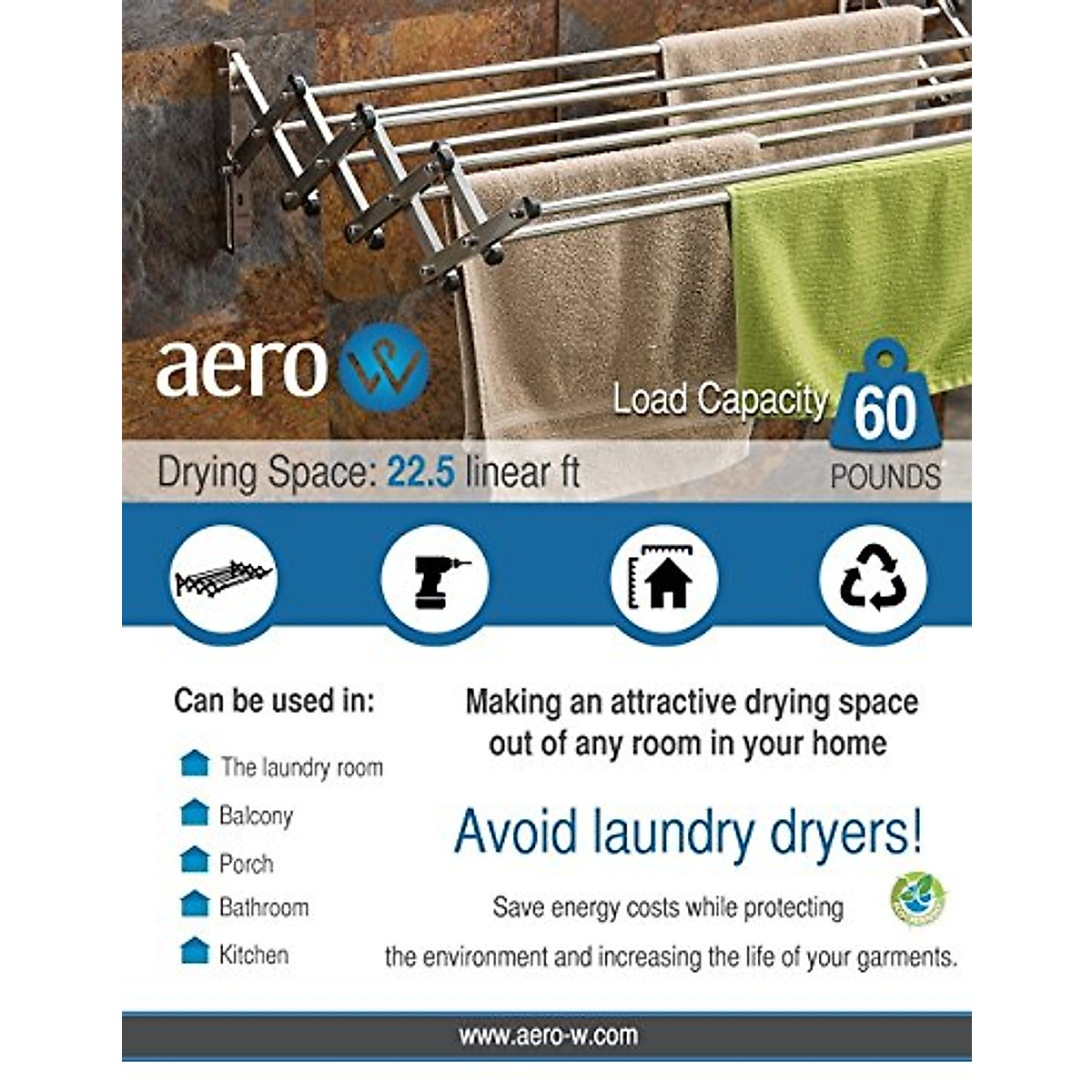 AERO W Racks Stainless Steel Wall Mounted Collapsible Laundry Clothes Drying Rack 60 Pound Capacity 22.5 Linear Ft