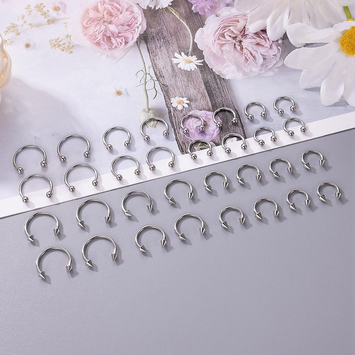 NICEIGHT 32Pcs 14G 16G 18G Surgical Steel Septum Nose Rings for Women Men Horseshoe Earrings Cartilage Helix Tragus Eyebrow Lip Daith Hoop Smily Piercing Jewelry 18G S