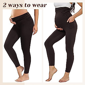 Happy.angel 2 Pack Maternity Fleece Lined Leggings Over The Belly, Womens Black Workout Yoga Pregnancy Pants with Pockets Black Small
