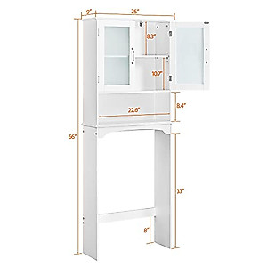 Yaheetech Over The Toilet Storage Cabinet with Double Tempered Glass Doors and Adjustable Shelf, Freestanding Bathroom Storage Rack, 66 Inches Height