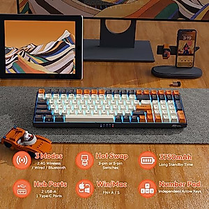 RK ROYAL KLUDGE RK100 Wireless Mechanical Keyboard, Bluetooth5.1/2.4G/Wired 96% Full Size 100-Key Hot Swappable Gaming Keyboard with 3 USB Ports, Red Switch for Mac Windows, Carbon