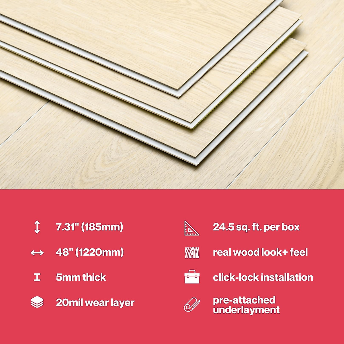 Lucida Surfaces Luxury Vinyl Flooring | Interlocking Flooring for DIY Installation | 10 Wood-Look Planks | CliCore | 24.5 Sq. Feet (10, NaturalOak, 10 Planks)
