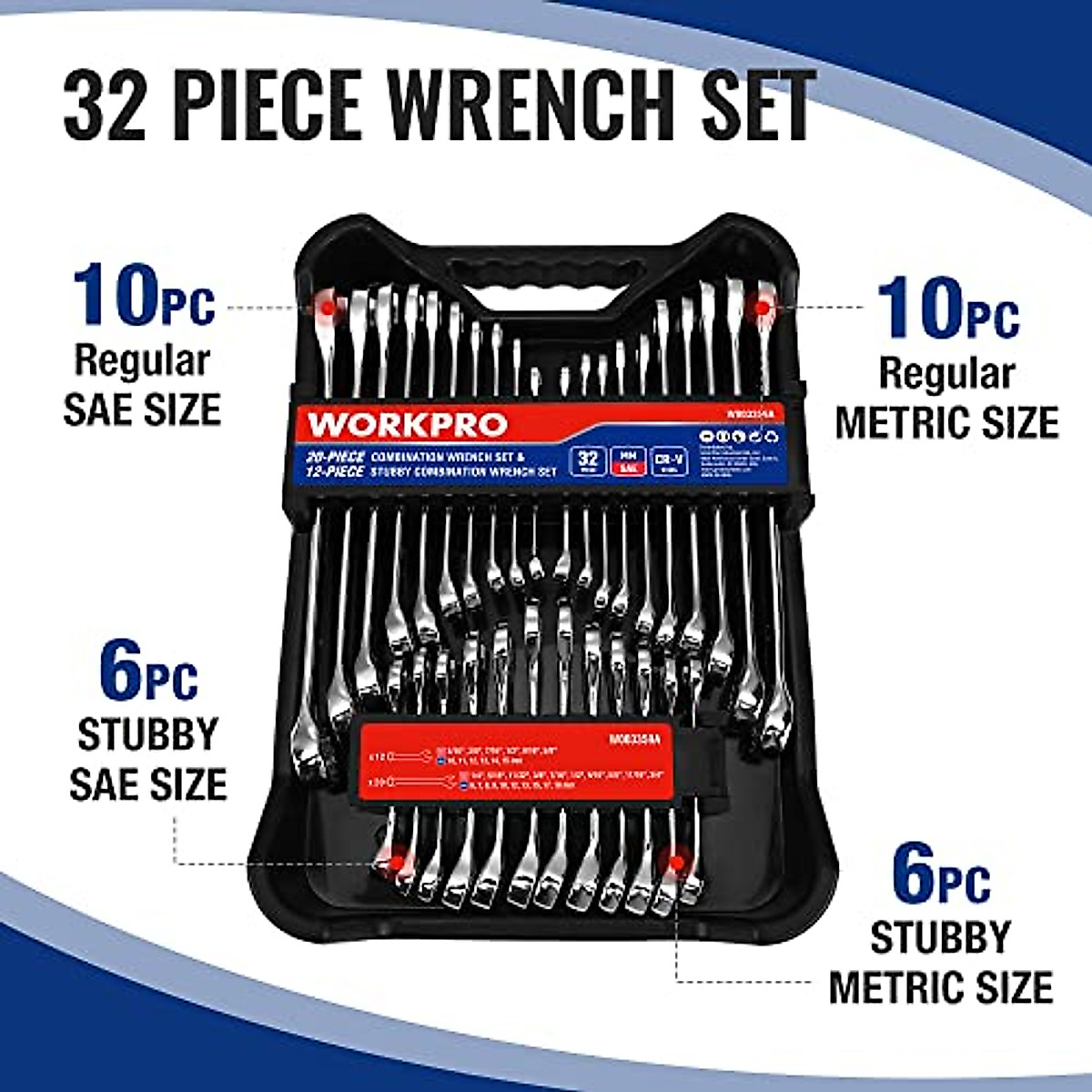 WORKPRO 32-Piece SAE & Metric Combination Wrench Set, 12 PT Regular and Stubby Wrenches set with Organizer Tray, Cr-V Steel Mirror Chrome Polished