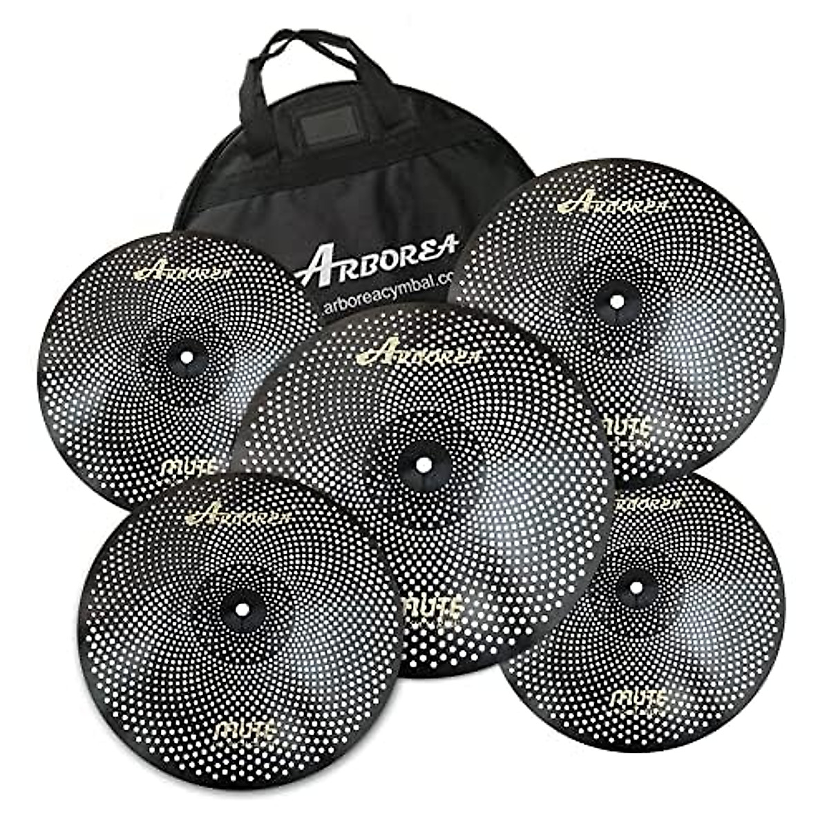 Arborea Low Volume Cymbal Pack Black 14"hi-hat+16"crash+18"crash+20"ride 5 Pieces Practice Mute Cymbal Set for Drums