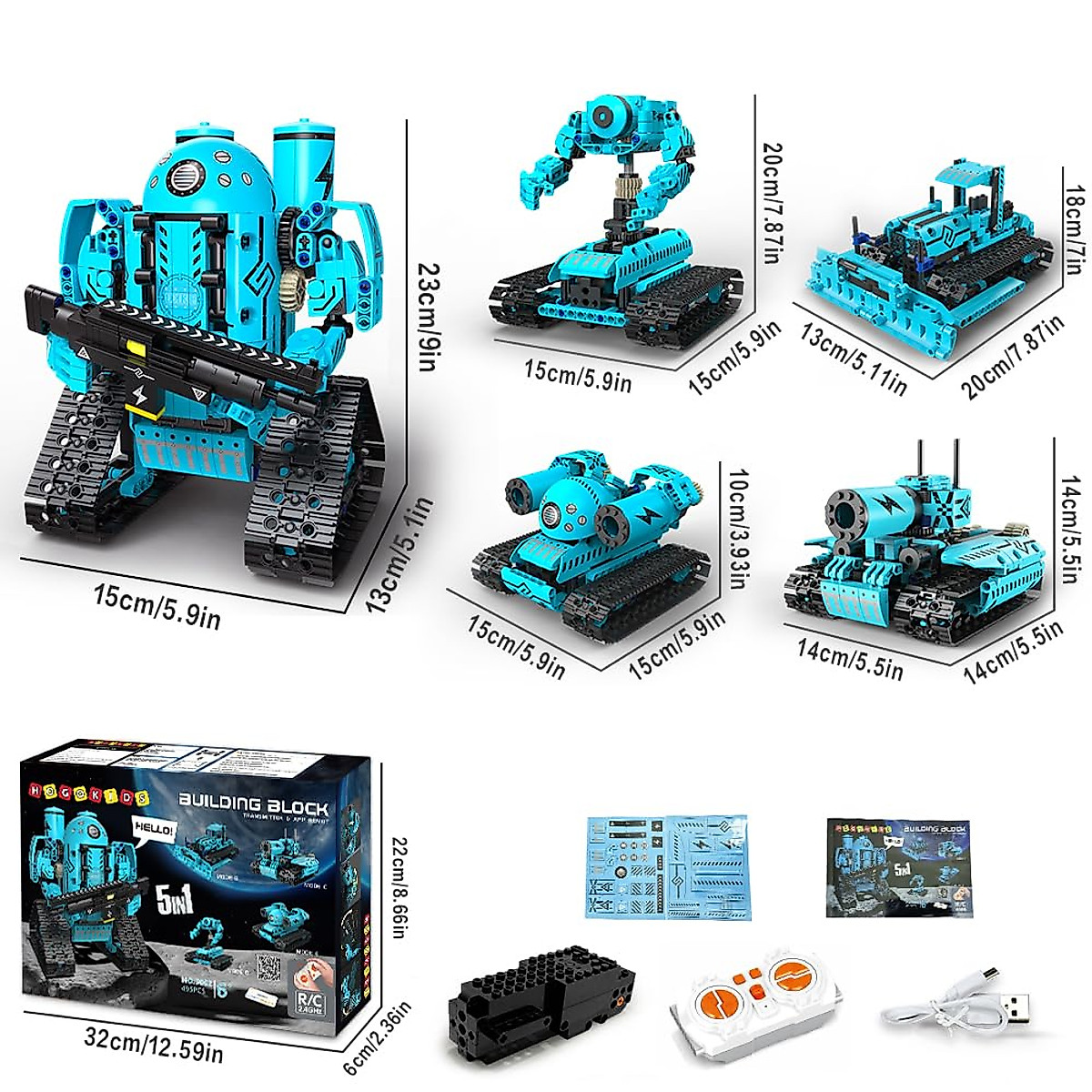 HOGOKIDS 5 in 1 RC Robot Building Set - APP & Remote Control Rechargeable Building Toys | Educational STEM Project for Kids Kit Gift for Boys Girls Age 6-12+ Year Old (444 PCs)