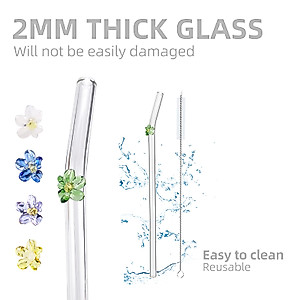 Glass Straws,5PCS Flower Glass Straws Shatter Resistant with 2 Cleaning Brushes,Reusable Glass Drinking Straws for Smoothies Coffee Milkshakes Juice