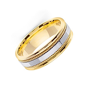 TGDJ Two Tone Gold Wedding Band - 7 mm Handmade Beautifully Crafted Wedding Ring for Couple - White Flat Gold Braided With Tight Yellow Gold ropes - Free Customized Engraving (14k Gold, 10.5)