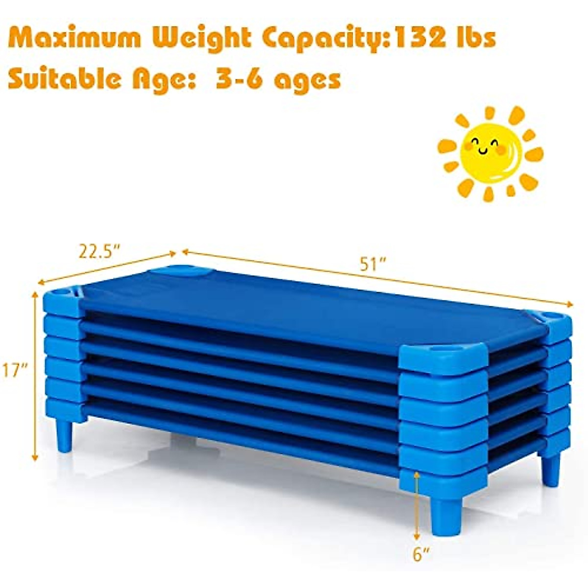 Fireflowery Toddler Daycare Cots, Stackable Kids Cots for Sleeping, Resting, Naptime Cot w/Easy Lift Corners, Great for Nursery, Preschool, Home, Pack of 6, Dark Blue