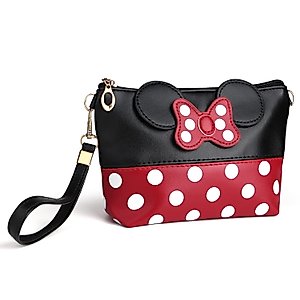 yiwoo Cartoon Leather Travel Makeup Handbag, Cute Portable Cosmetic Bag Toiletry Pouch for Women Teen Girls Kids(Black)
