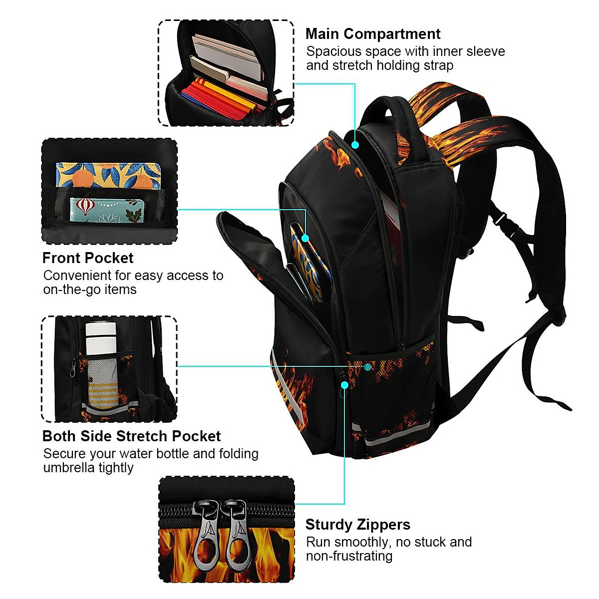 Fire Flames School Backpacks with Chest Strap for Teens Boys Girls,Lightweight Student Bookbags 17 Inch, Creative Unique Casual Daypack Schoolbags