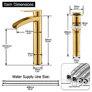 Brushed Gold Single Hole Bathroom Faucet, Waterfall Single Handle Modern Bathroom Faucet, Tall Vessel Bathroom Faucet with Pop Up Drain and Water Supply Line by Phiestina, NS-SF01-BG-V