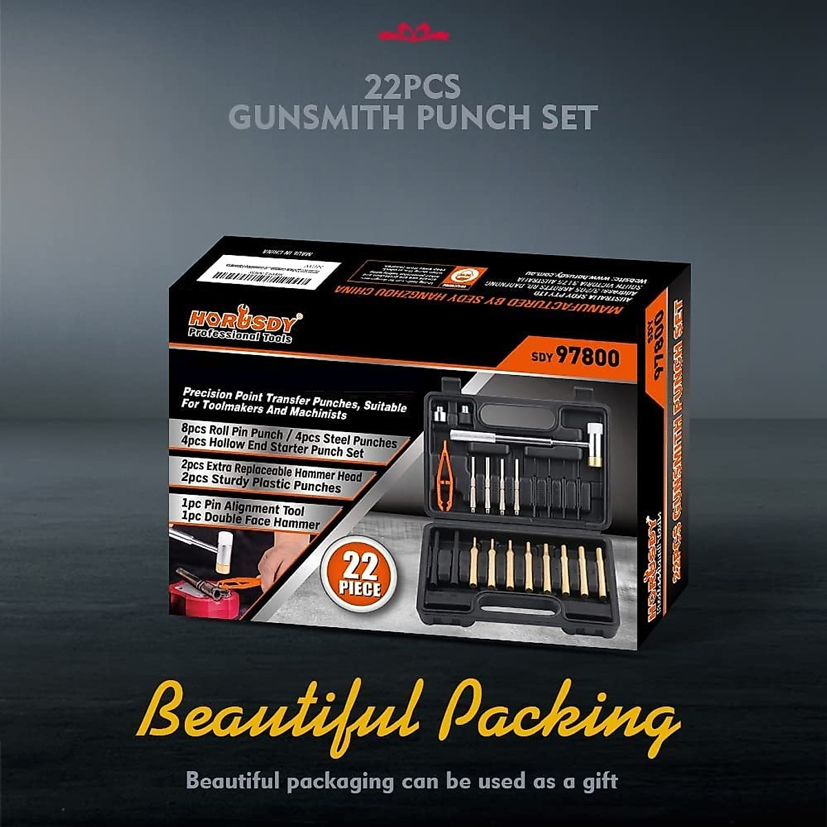 HORUSDY 22-Piece Punch Set and Hammer with Brass, Hollow, Steel, Plastic Punches, Brass Punch for Maintenance.